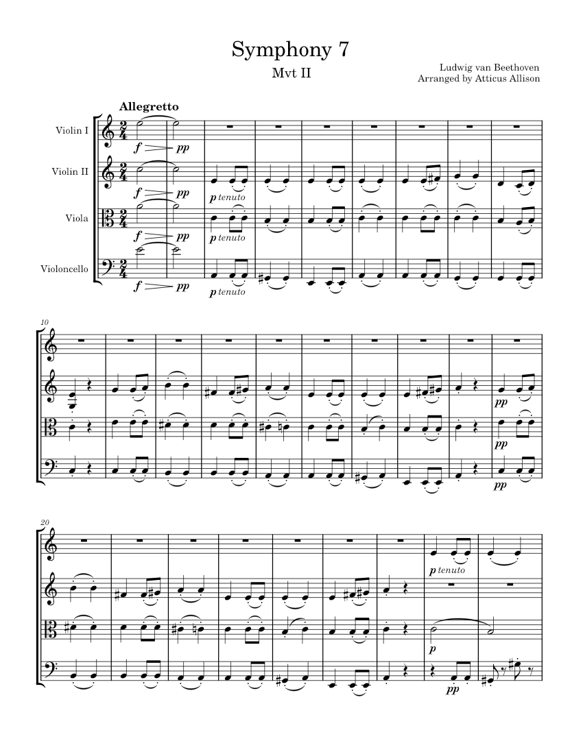 Symphony No.7, Op.92 for String Quartet Sheet Music for Violin, Viola, Cello (String Quartet ...