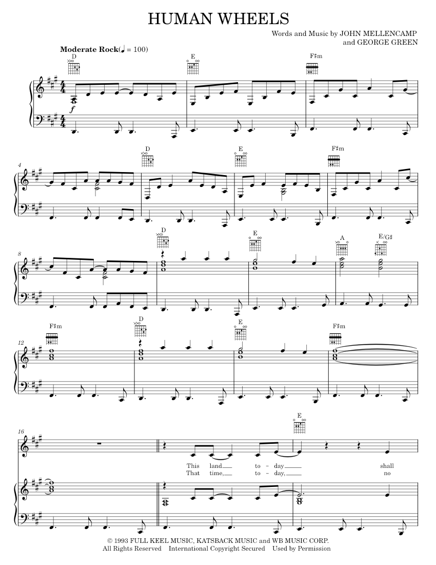 Play Official version of Human wheels Sheet Music by John Mellencamp ...