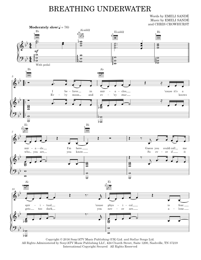 Play Official version of Breathing underwater sheet music by Emeli ...