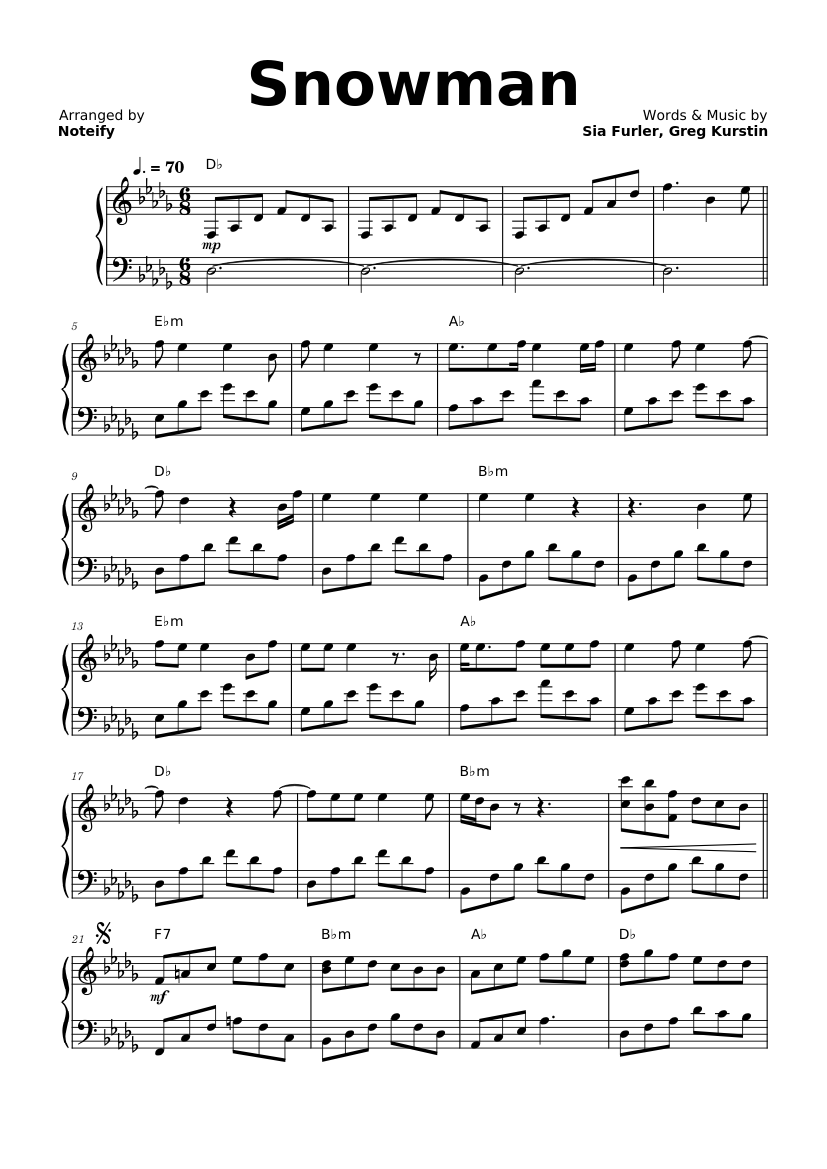 Snowman – Sia Sheet Music with Chords for Piano (Solo) easy | MuseScore.com