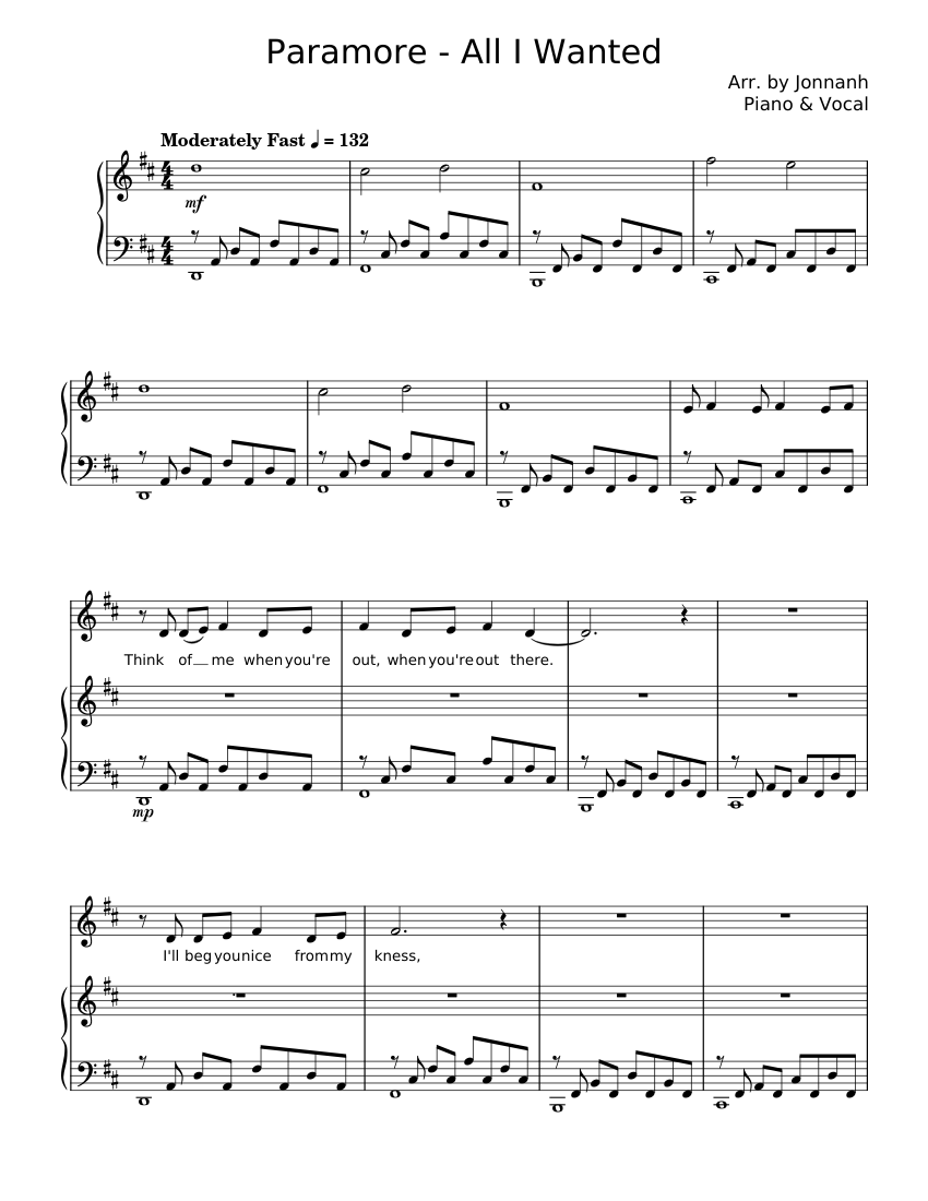 All i wanted - Paramore Sheet Music for Piano, Vocals (Mixed Trio ...