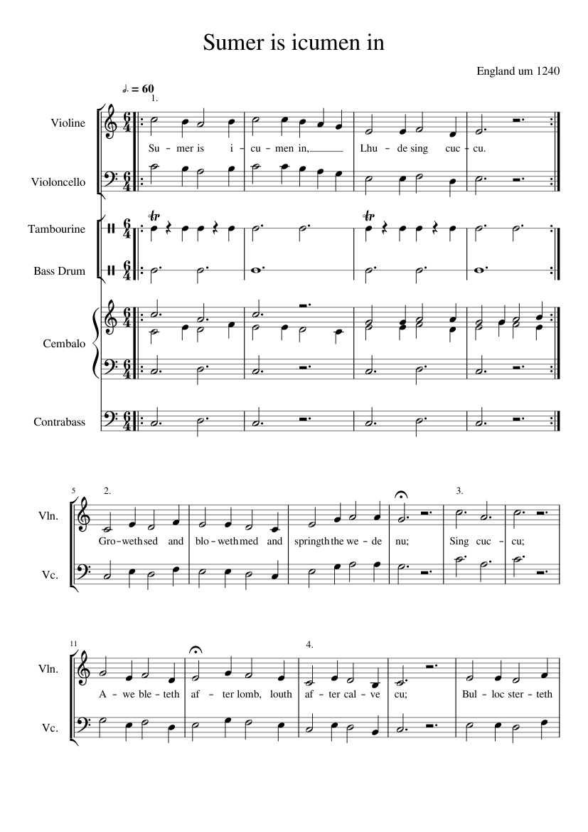 Sumer is icumen in Sheet music for Tambourine, Contrabass, Bass drum ...
