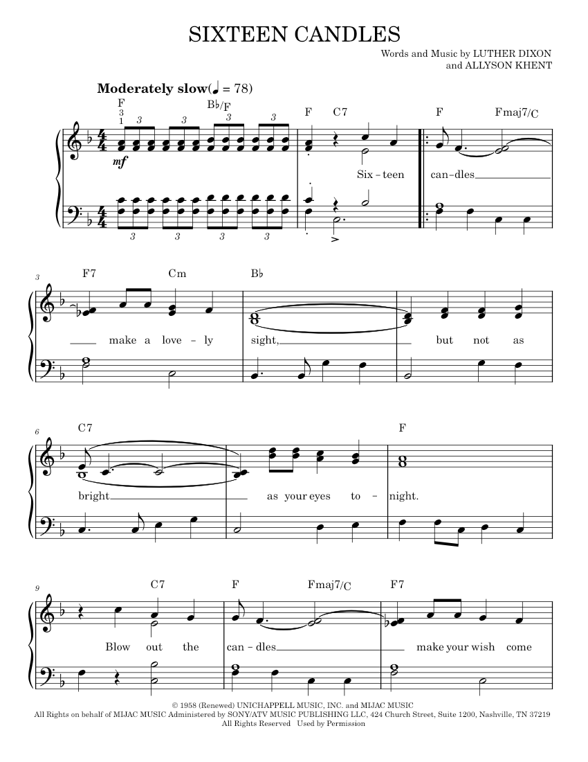 Play Official version of Sixteen candles Sheet Music by The Crests for ...