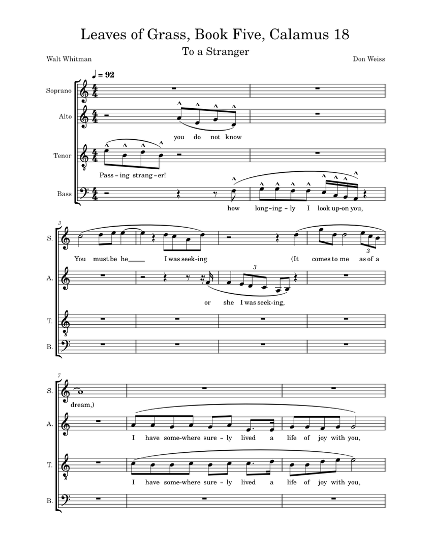Leaves of Grass, Book Five, Calamus 18 Sheet music for Soprano, Alto ...