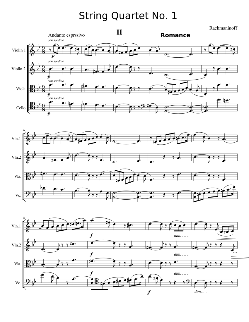 String Quartet No. 1 "Romance" Sheet music for Violin, Viola, Cello ...