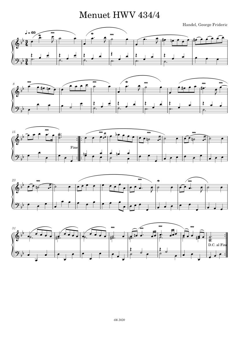Handel, G.F. Menuet HWV 434 4 Sheet music for Piano (Solo) Easy ...
