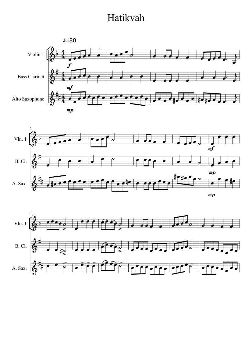 Hatikvah for Passover Sheet music for Clarinet bass, Saxophone alto ...