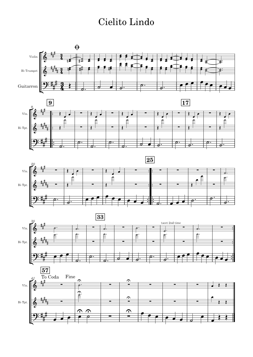 Cielito Lindo in A Sheet music for Trumpet in b-flat, Violin, Cello (Mixed Trio) | Musescore.com