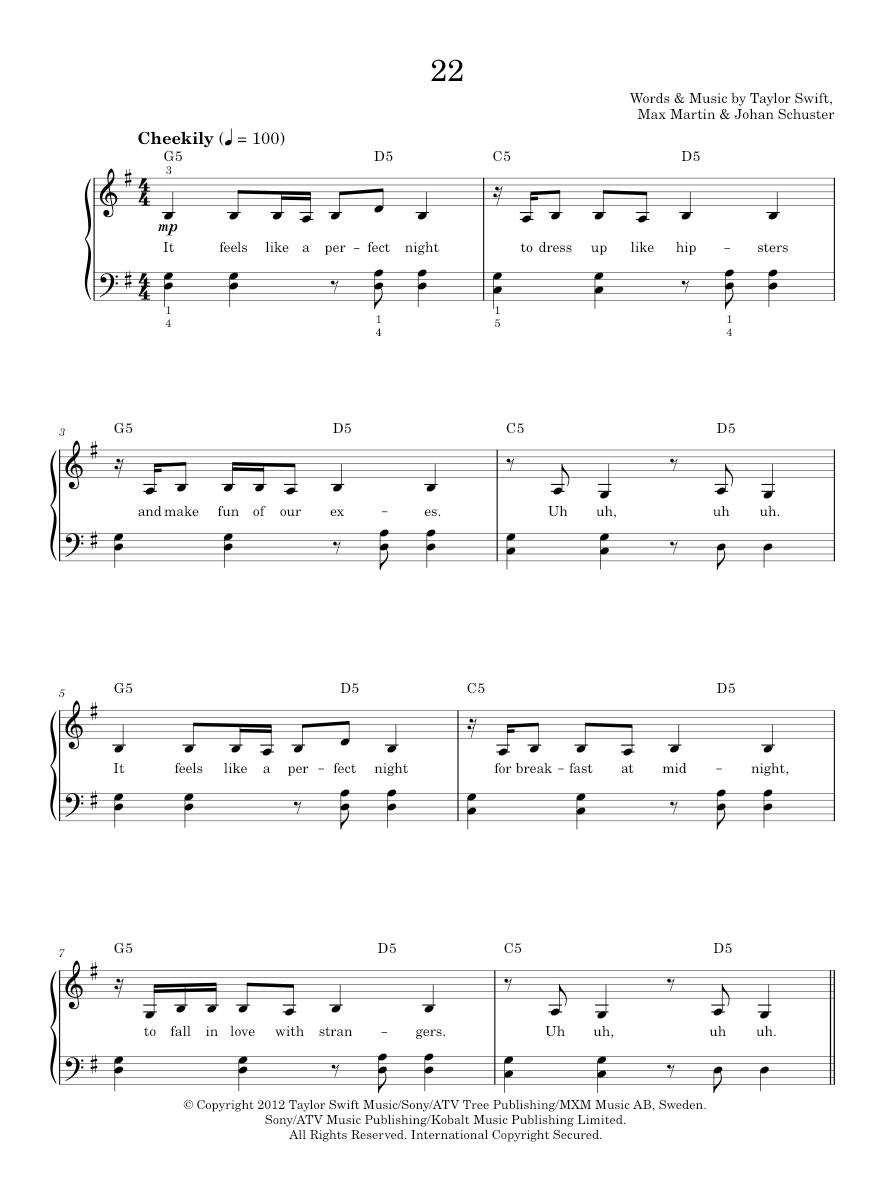 Play Official version of 22 Sheet Music by Taylor Swift for Piano ...