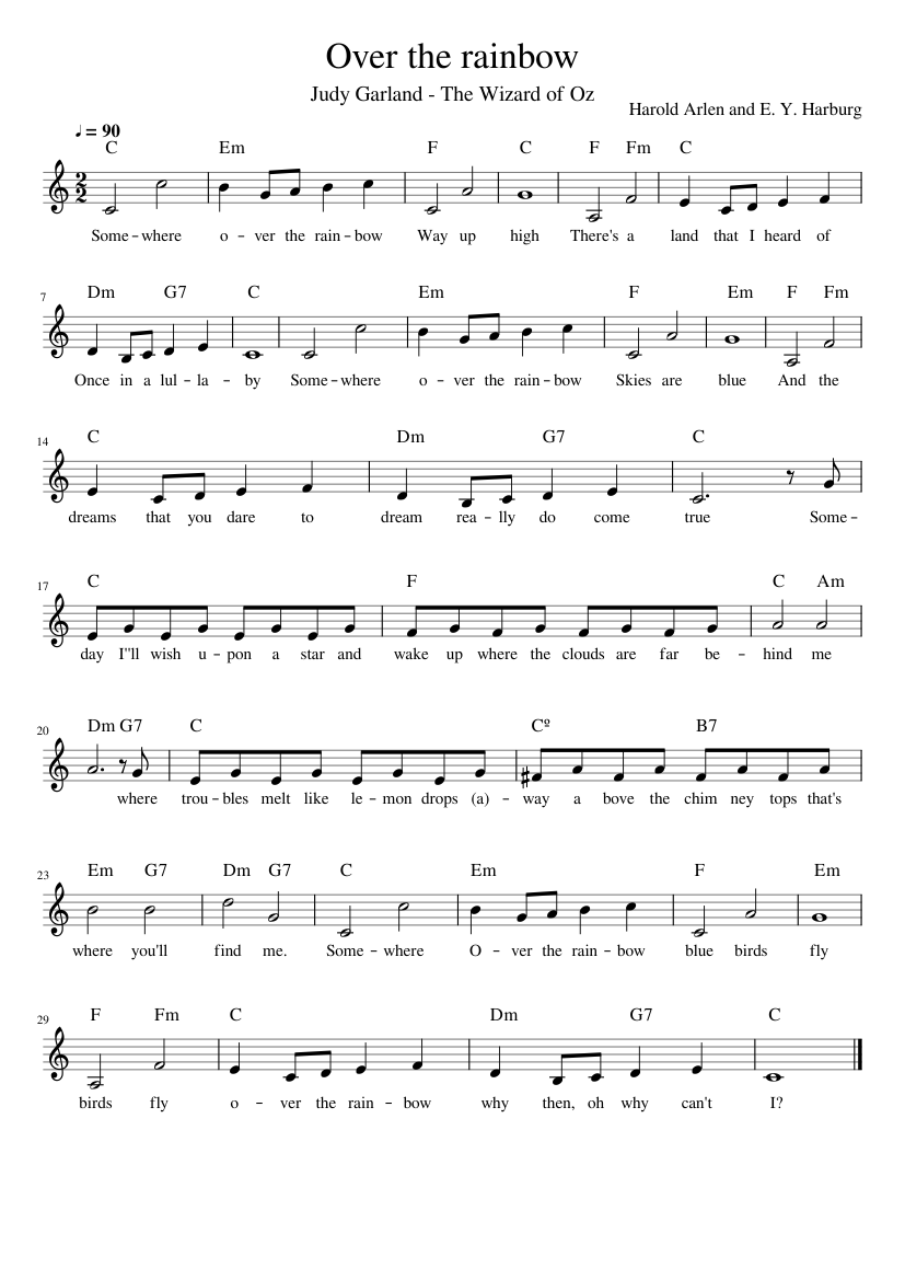 Over the rainbow Sheet Music with Chords for Piano (Solo) easy ...