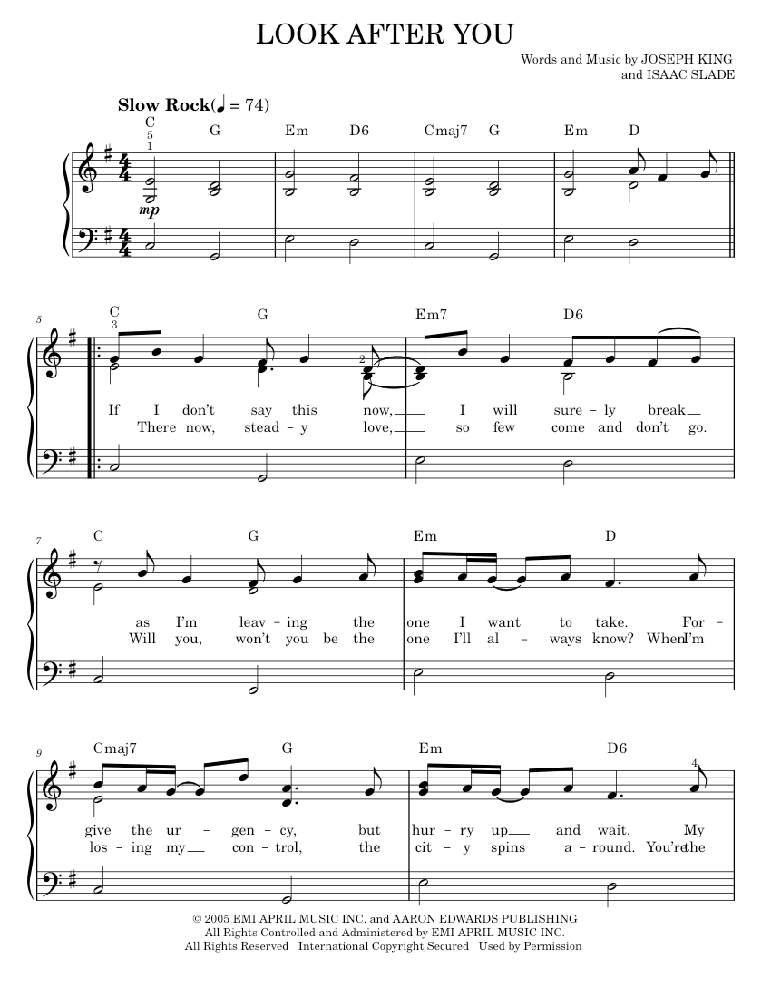 Play Official version of Look after you sheet music by The Fray for ...