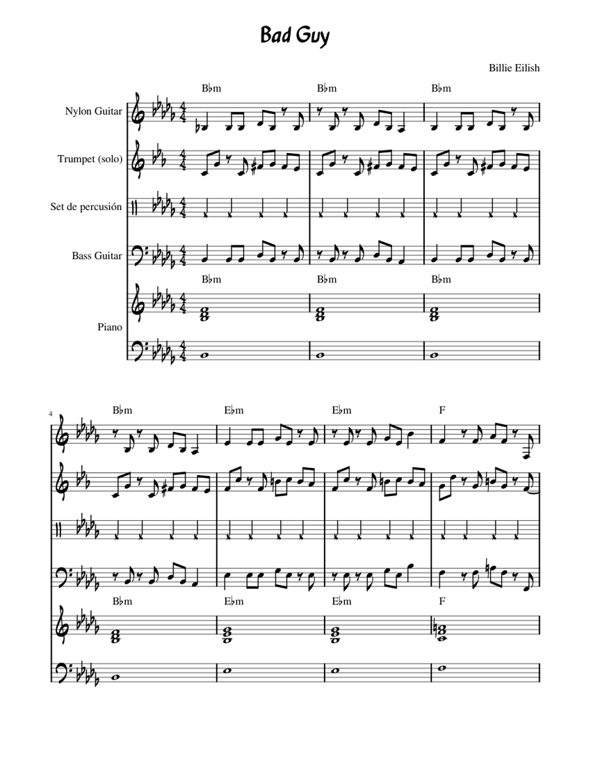Bad Guy (Billie Eilish) Sheet music for Piano, Flute piccolo, Bass ...