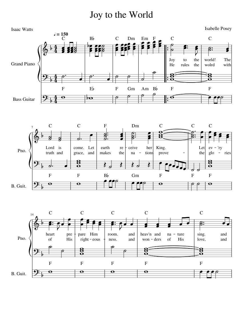 Joy to the World Sheet music for Piano, Bass guitar (Mixed Duet ...