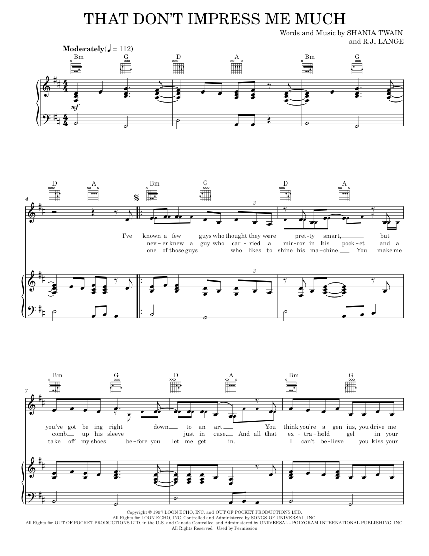 Play Official version of That Don't Impress Me Much sheet music by Shania Twain for Piano ...