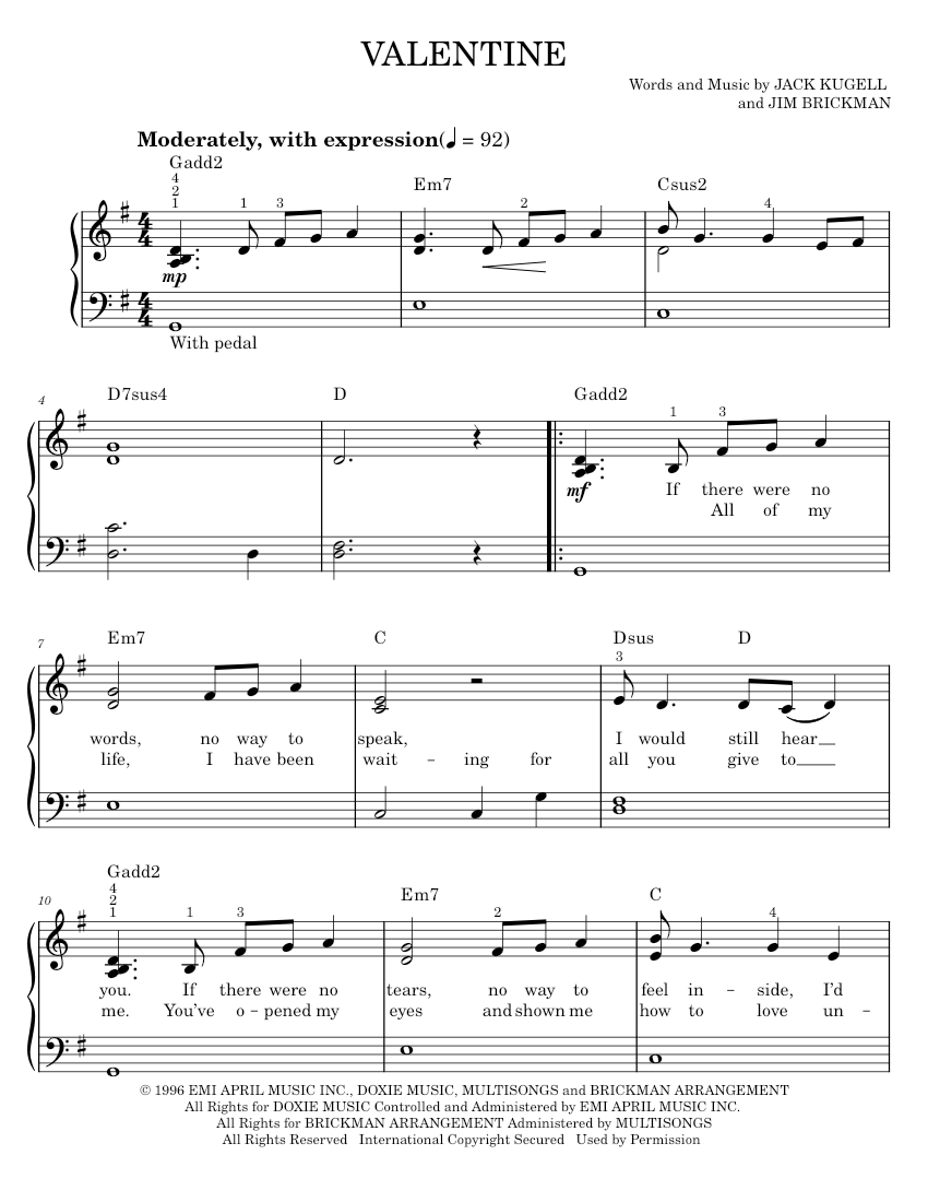 Valentine Sheet music for Piano by Jim Brickman, Jim Brickman with ...