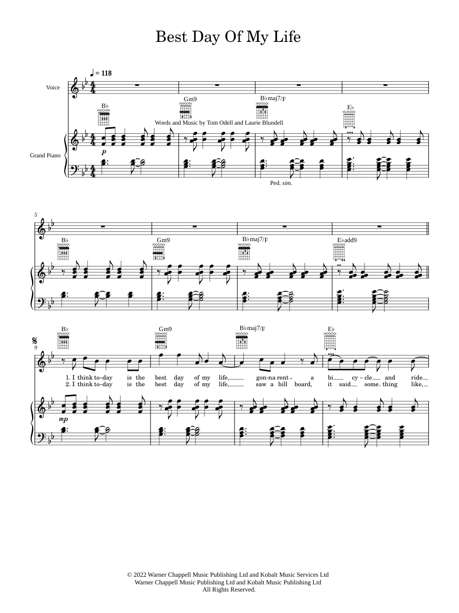 Best Day Of My Life Sheet music for Piano, Vocals by Tom Odell Official ...