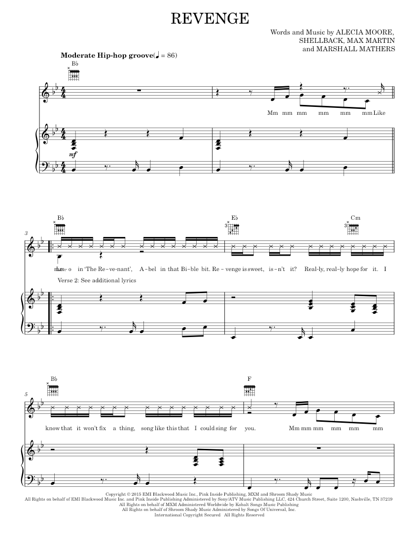 Play Official version of Revenge Sheet Music by P!nk for Piano, Vocals ...