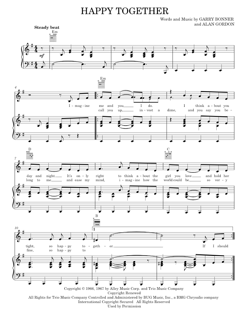 Play Official version of Happy together Sheet Music by The Turtles for ...