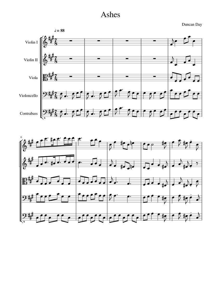 Ashes Sheet music for Contrabass, Violin, Viola, Cello (String Quintet ...