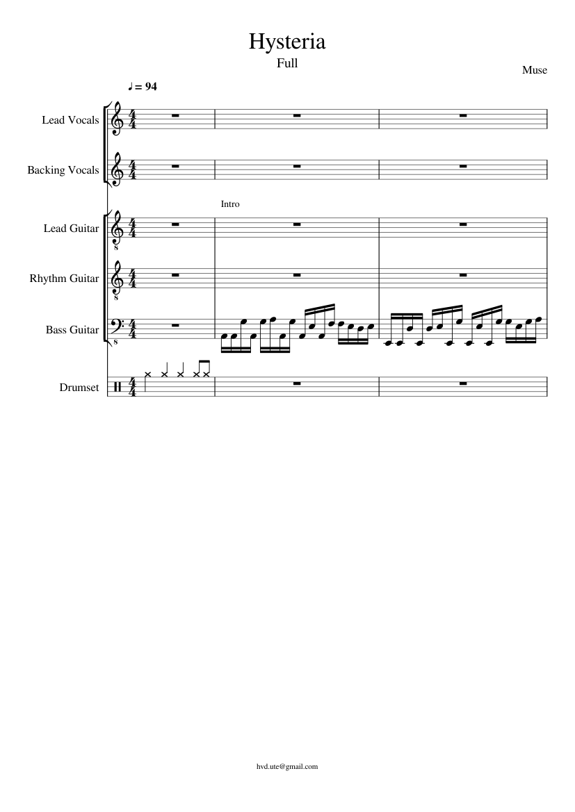 Hysteria - Muse Sheet Music for Vocals, Guitar, Bass guitar, Drum group ...
