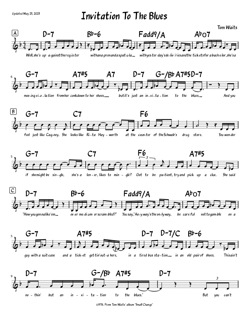Invitation To The Blues – Tom Waits (Lead Sheet) Sheet Music with ...