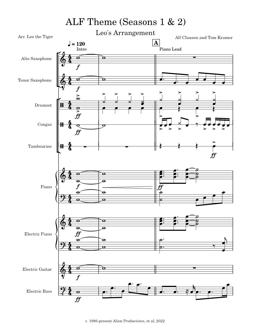 ALF Theme Song (Seasons 1 & 2) – Alf Clausen (Full Arrangement) Sheet ...
