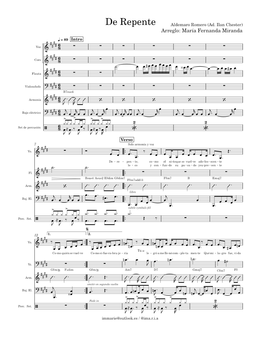 De Repente - Aldemaro Romero (Adap. Ilan Chester) Sheet music for Piano, Flute, Cello, Bass ...