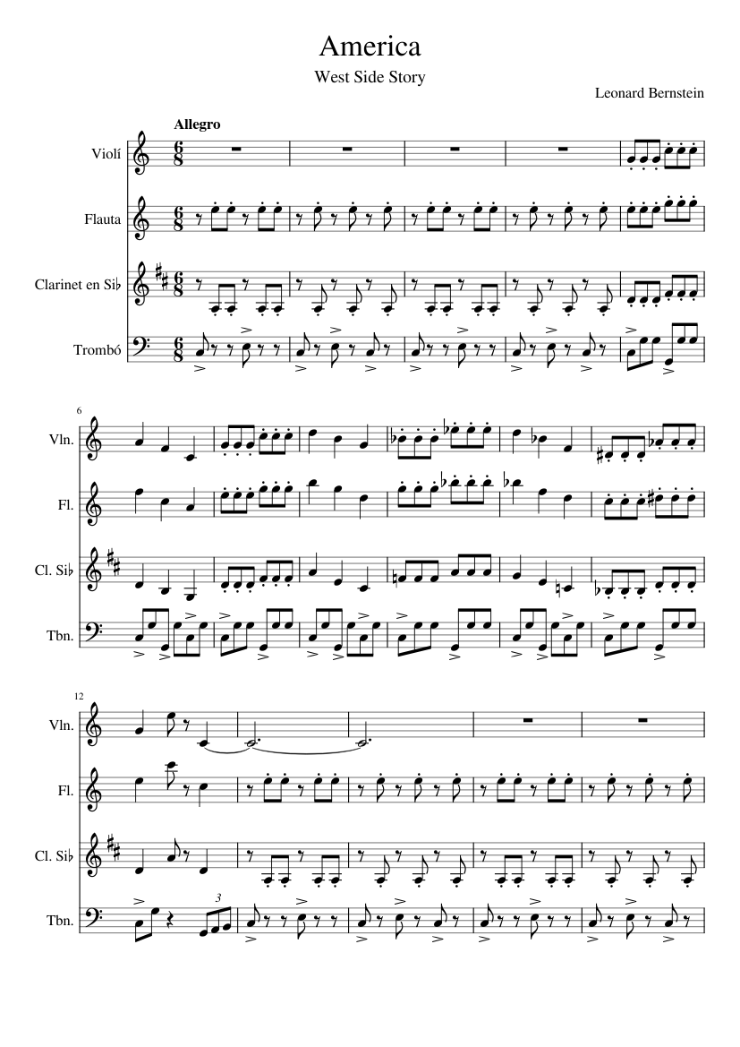 America West Side Story Sheet Music For Trombone Flute Clarinet In America West Side Story Sheet Music For Trombone Flute Clarinet In