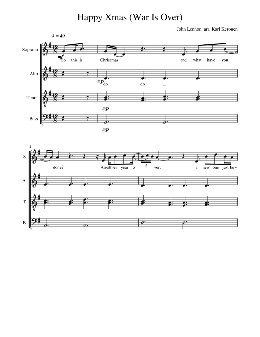 Happy Xmas (War Is Over) – John Lennon Happy Xmas War Is Over Sheet ...