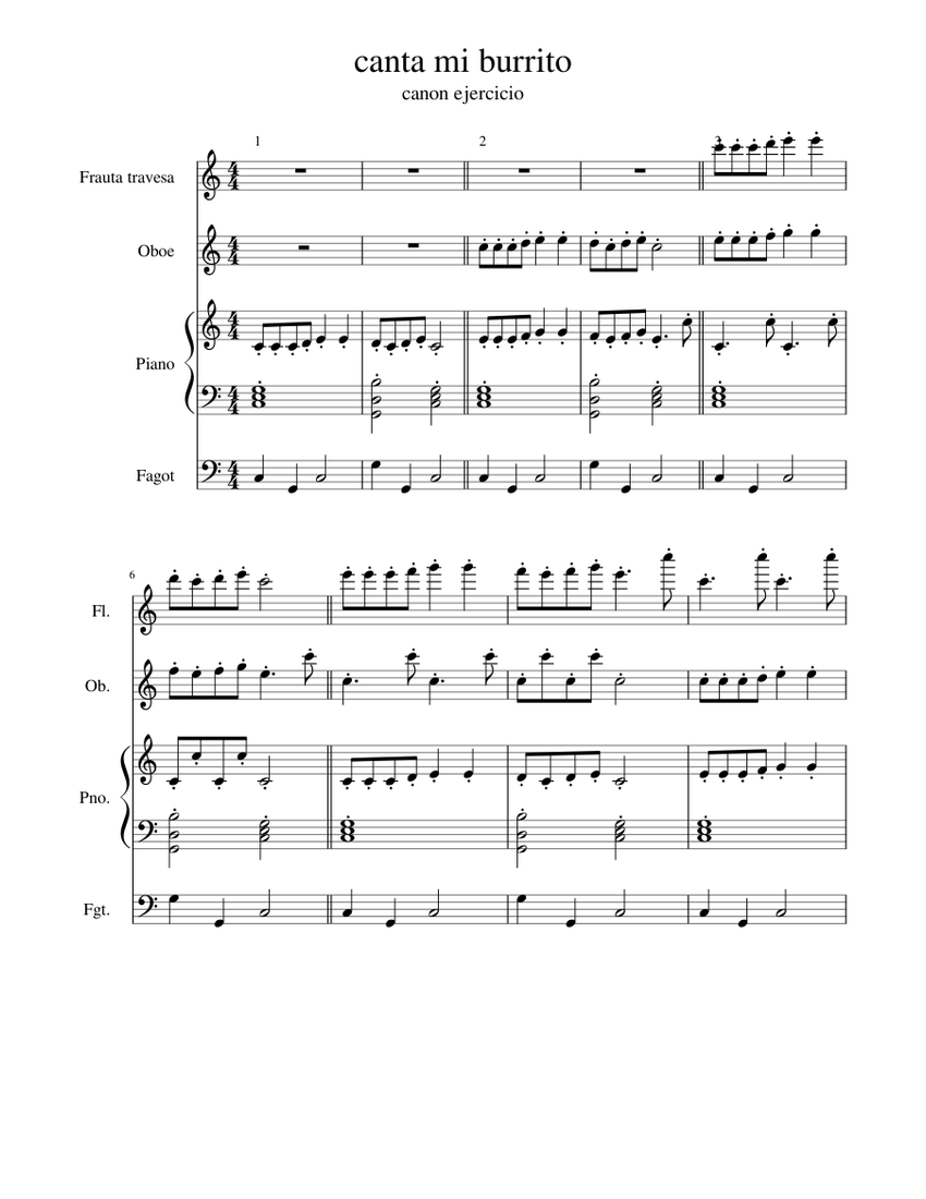 Canta mi burrito bajo Sheet music for Piano, Flute, Oboe, Bassoon ...
