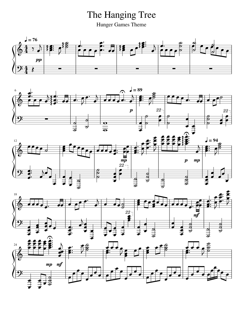 The Hanging Tree - Hunger Games Theme (Piano Cover) Sheet Music for ...