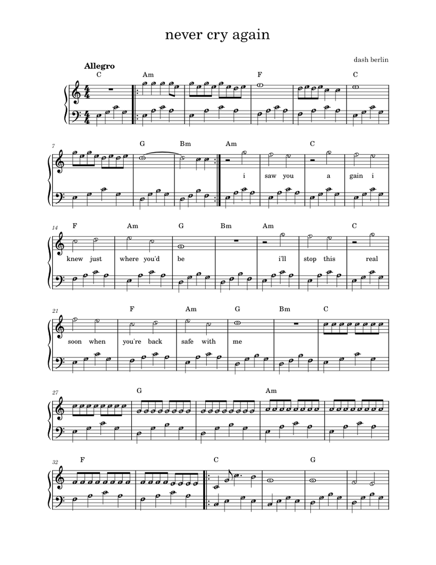 Never cry again – dash berlin Sheet music for Piano (Solo) Easy ...