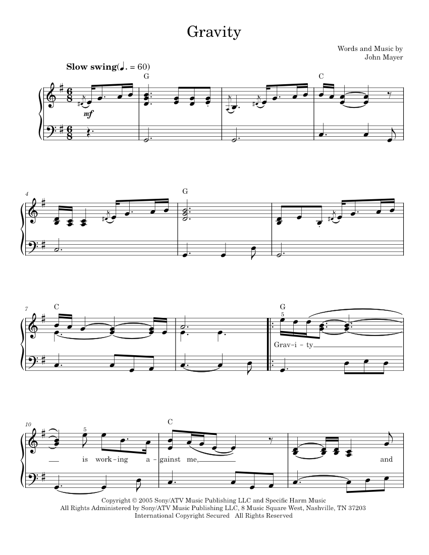 Play Official version of Gravity sheet music by John Mayer for Piano ...