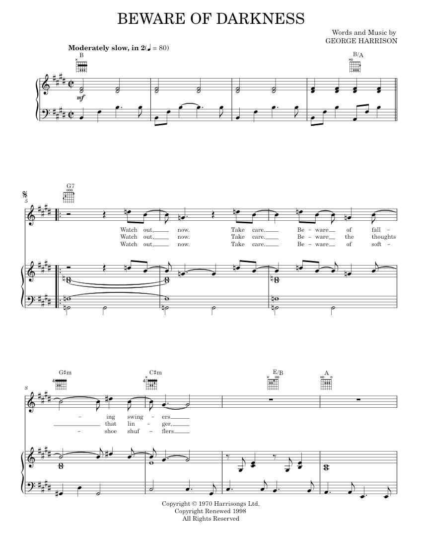 Beware Of Darkness Sheet music for Piano, Vocals by Eric Clapton ...