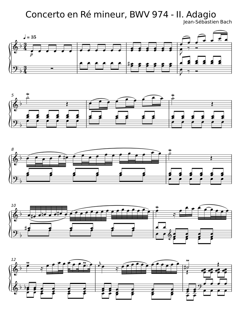Concerto en Ré mineur - Jean-Sébastien Bach Sheet Music for Piano ...