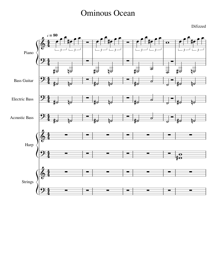 Ominous Ocean Sheet music for Piano, Bass guitar, Harp, Strings group ...
