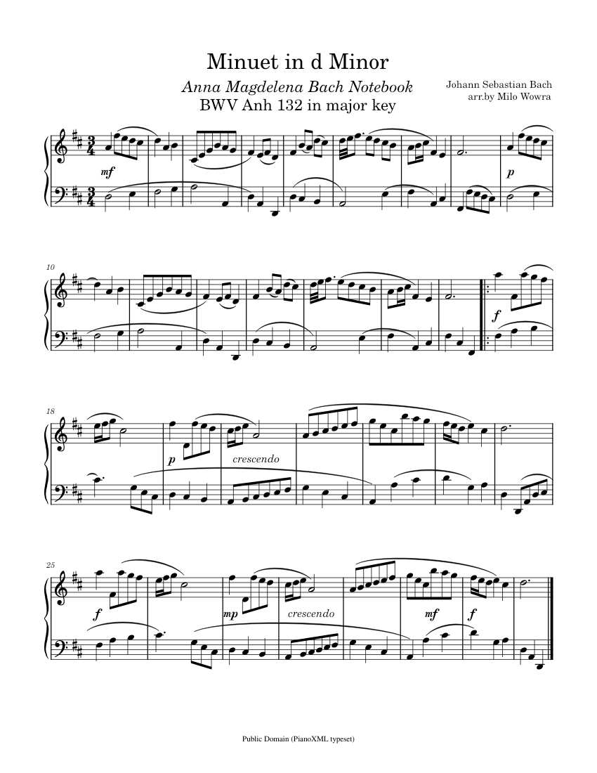 Minuet in D minor, BWV Anh.132 – Johann Sebastian Bach Minuet in d Minor In major Sheet music ...
