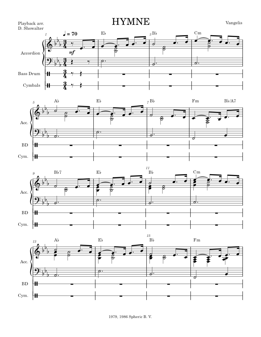 Hymne – Vangelis Sheet Music with Chords for Accordion, Tuba, Strings group (Solo) | MuseScore.com
