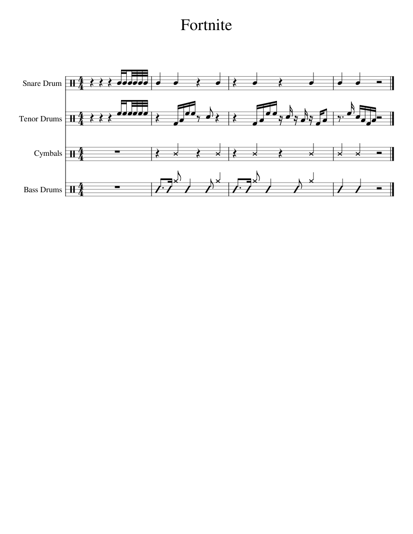 Fortnite Sheet music for Snare drum, Crash, Tenor drum, Bass drum ...