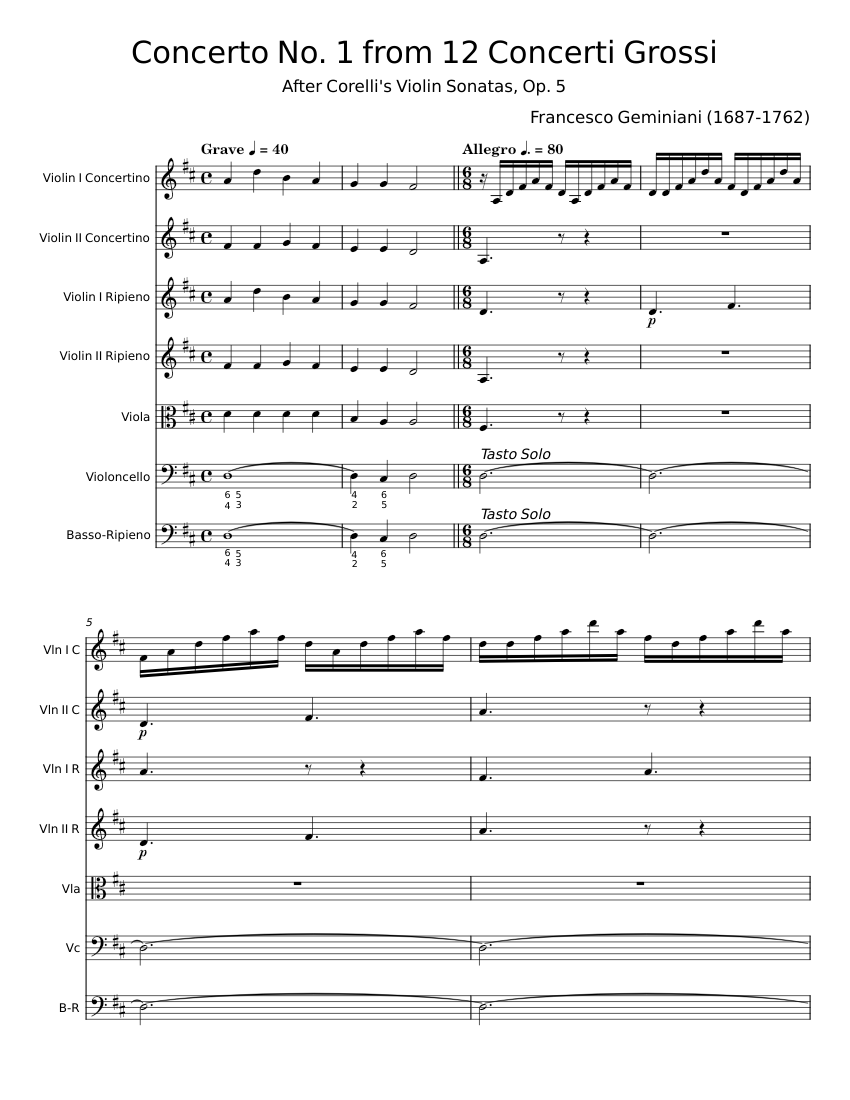Concerto No. 1 from 12 Concerti Grossi - Francesco Geminiani Sheet music for Violin, Viola ...