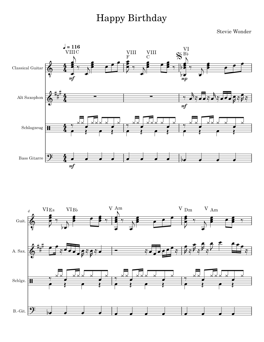 Happy birthday - Stevie Wonder Sheet Music for Saxophone alto, Guitar ...