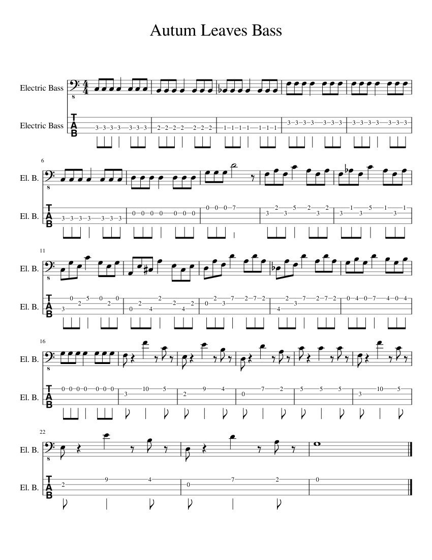 Autum Leaves Bass Sheet music for Bass guitar (Solo) | Musescore.com