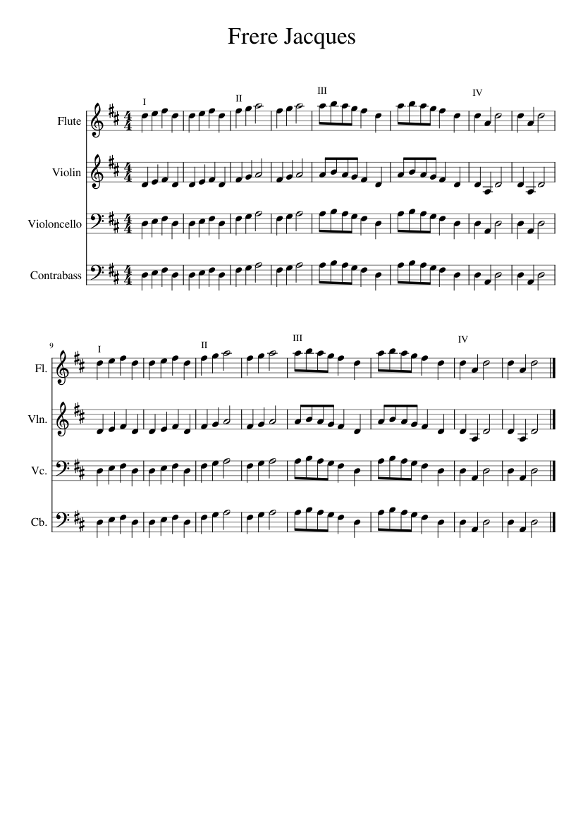 Frere Jacques Sheet music for Flute, Contrabass, Violin, Cello (Mixed ...