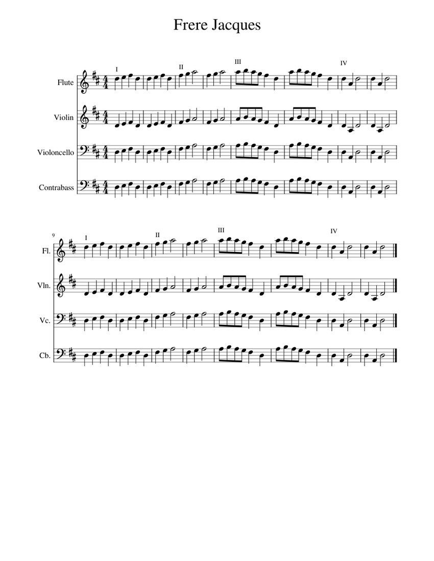 Frere Jacques Sheet music for Violin, Flute, Cello, Contrabass (Mixed ...