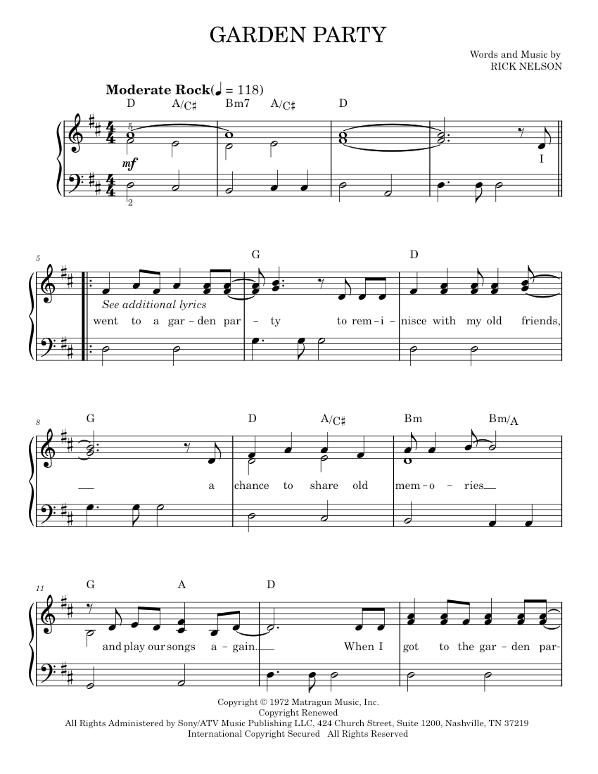 Play Official version of Garden party sheet music by Ricky Nelson for ...