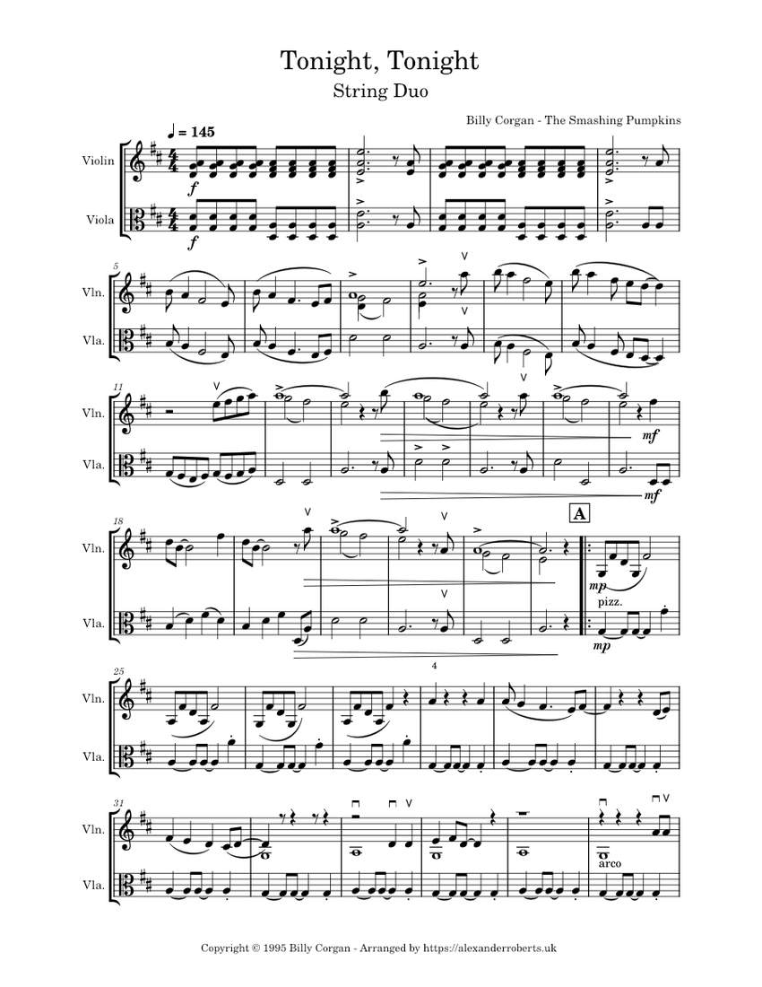 Tonight, Tonight - The Smashing Pumpkins Sheet music for Violin, Viola ...