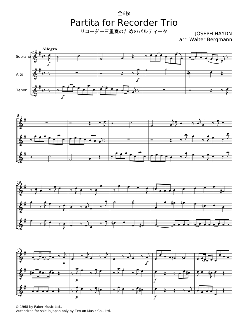 Partita for Recorder Trio - Joseph Haydn Sheet Music for Soprano, Alto ...