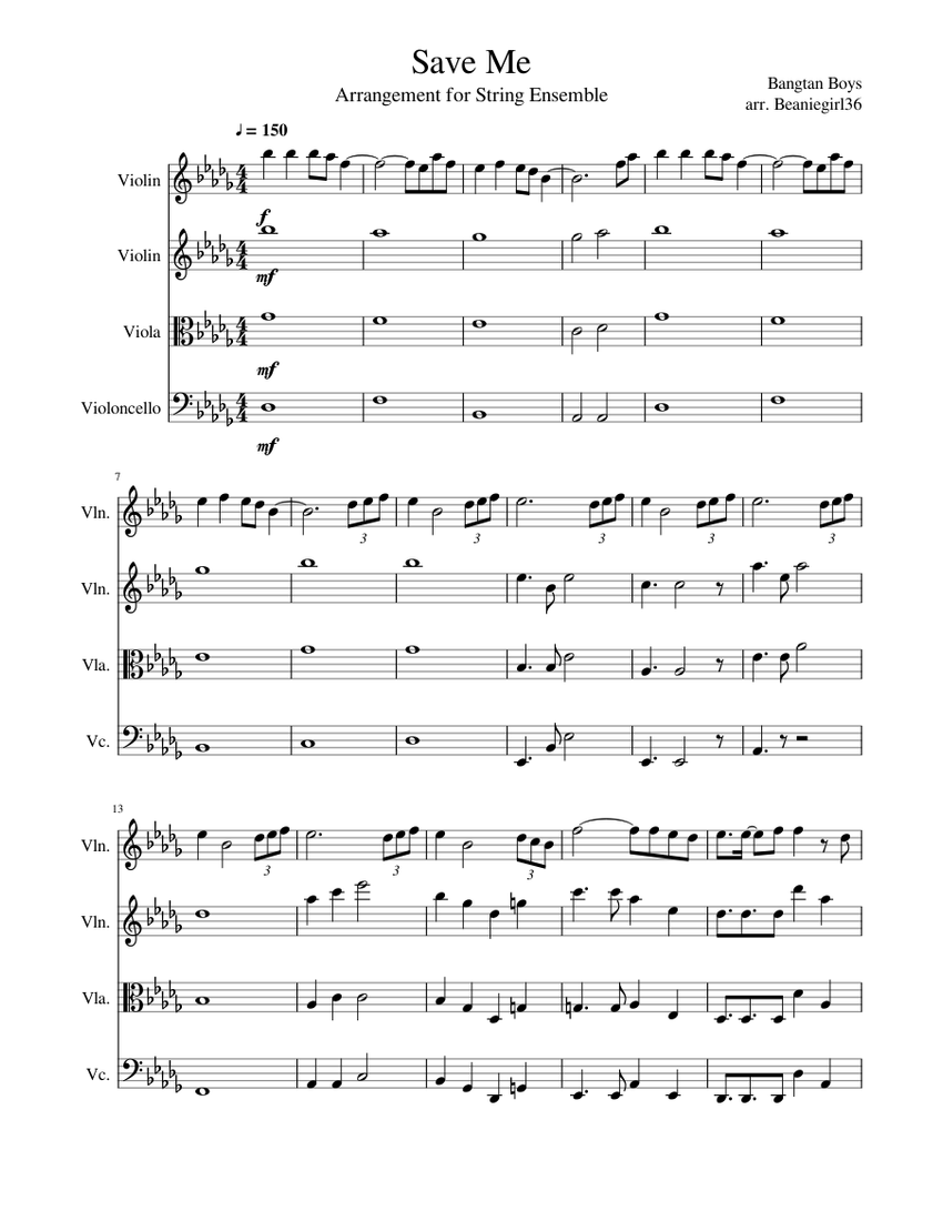 Save Me (BTS) for String Ensemble Sheet music for Violin, Viola, Cello ...