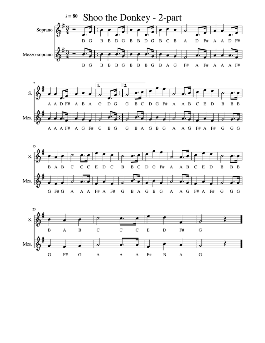 Shoo the Donkey 2 part Sheet music for Soprano, Mezzo soprano (Woodwind ...