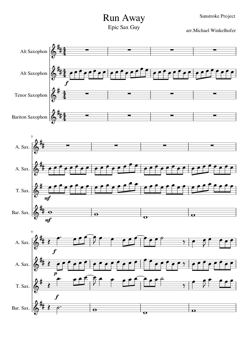 Run Away (Epic Sax Guy) Sax Quartett Sheet music for Saxophone alto ...
